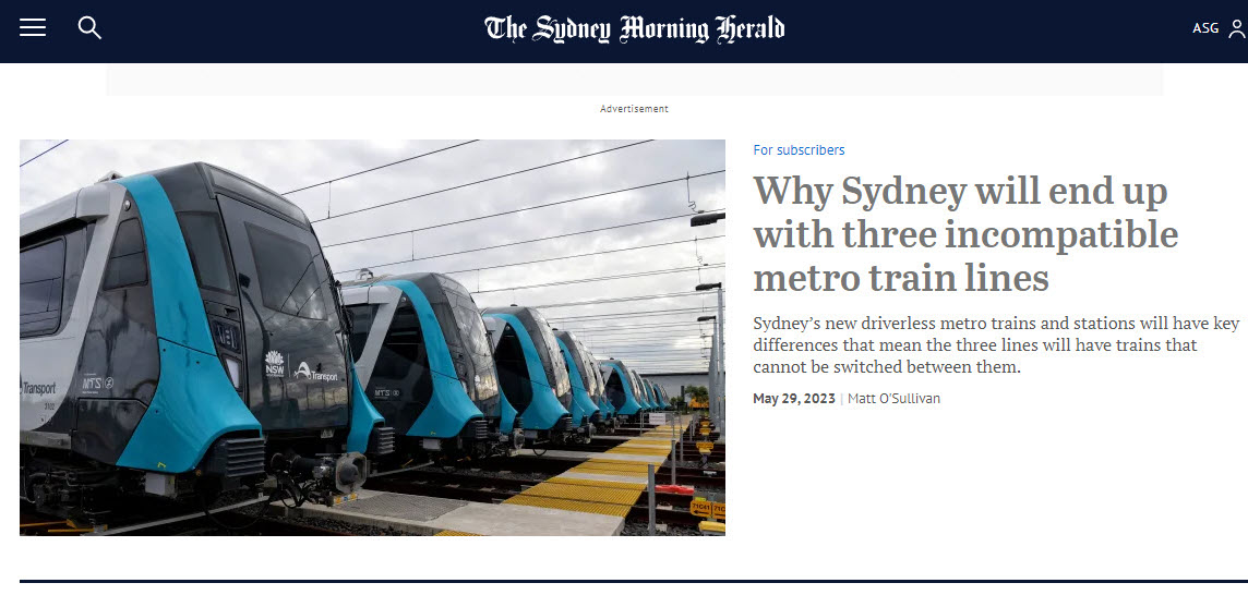 Media follow-up to my series on Sydney’s incompatible metros ...